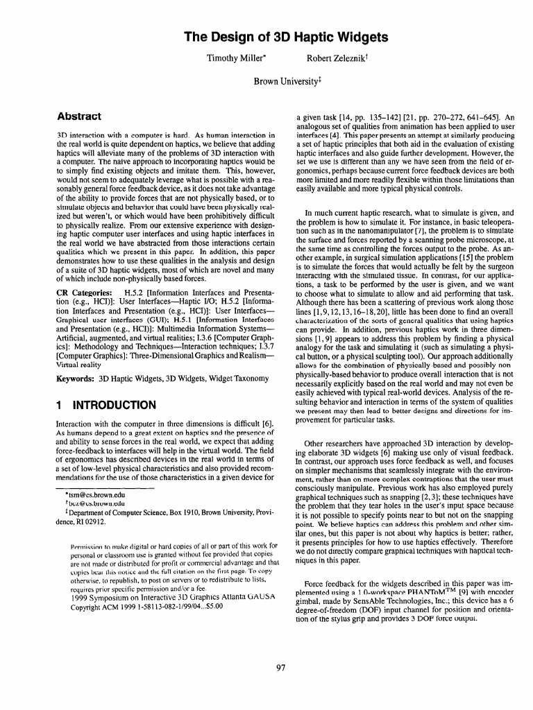 MillerT99a The Design of 3D Haptic Widgets | PDF | Human–Computer Interaction | Simulation