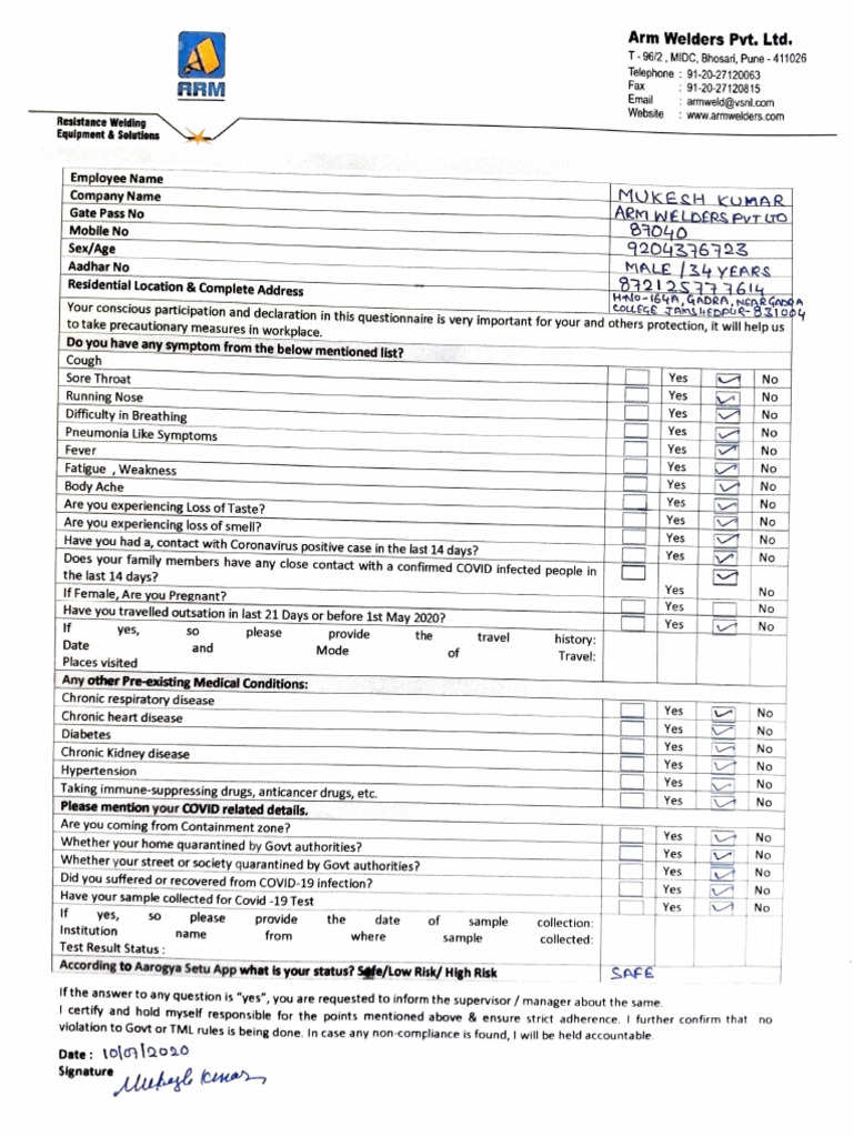 Self Declaration Form Pdf Diseases And Disorders Health Sciences