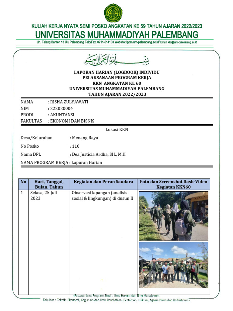 Logbook KKN 60 Akuntansi UM Palembang | PDF