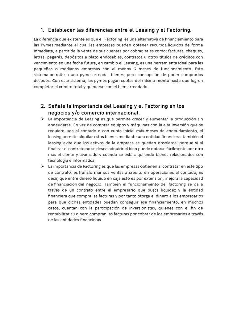 Establecer Las Diferencias Entre El Leasing y El Factoring | PDF | Derecho