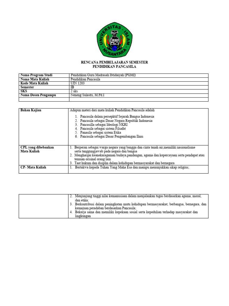 RPS Pendidikan Pancasila | PDF