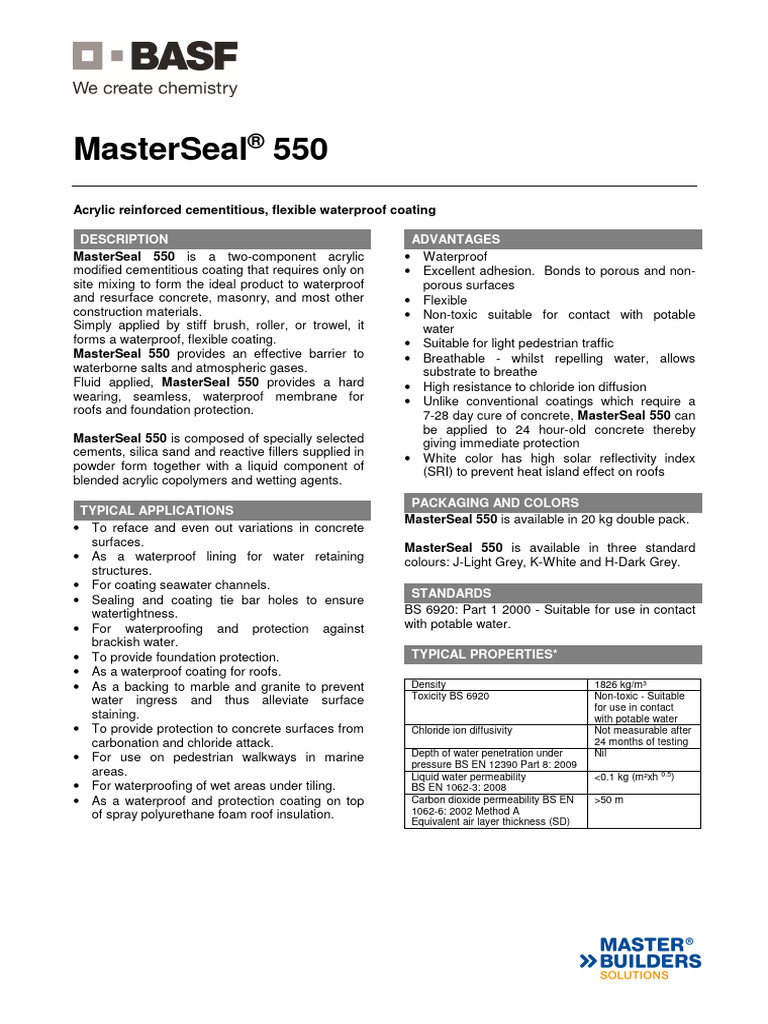 Basf Masterseal 550 Waterproof Wall Coating | PDF | Concrete | Water