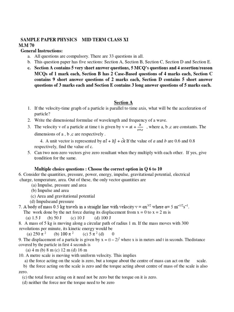 Sample Paper Physics Class Xi | PDF | Collision | Force