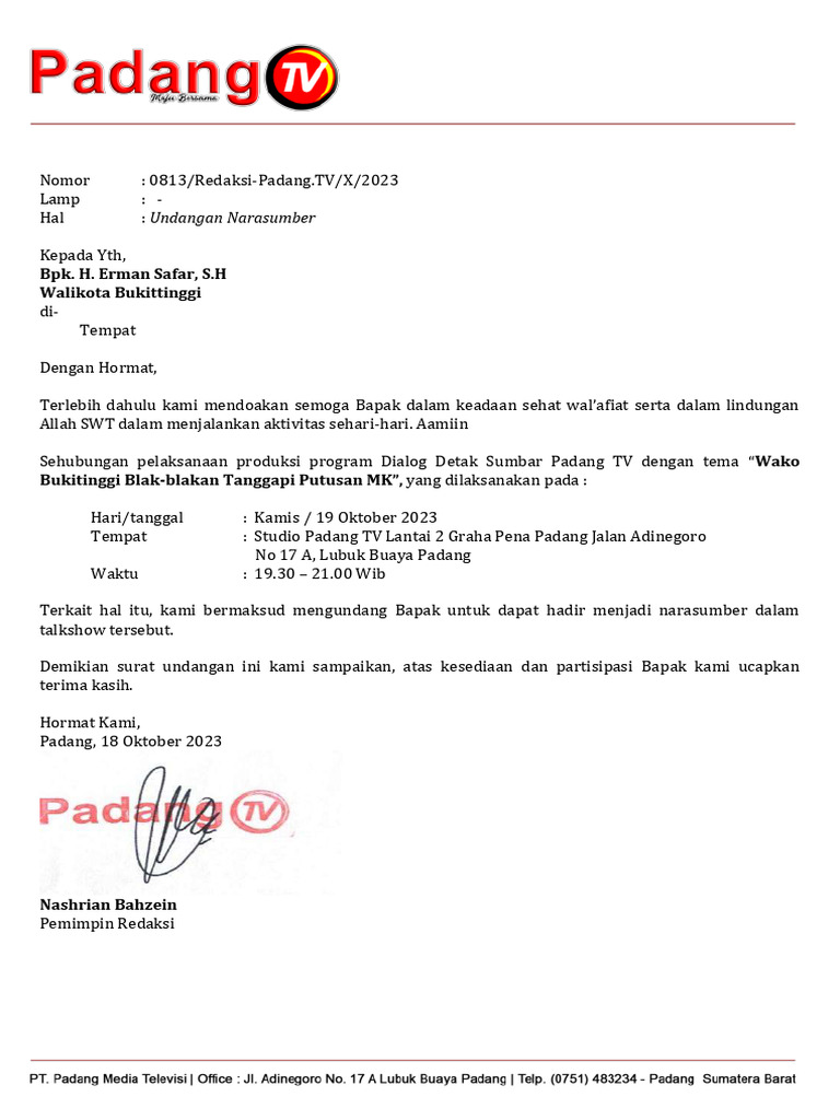 Undangan Narasumber Dialog Wako Bukittinggi | PDF