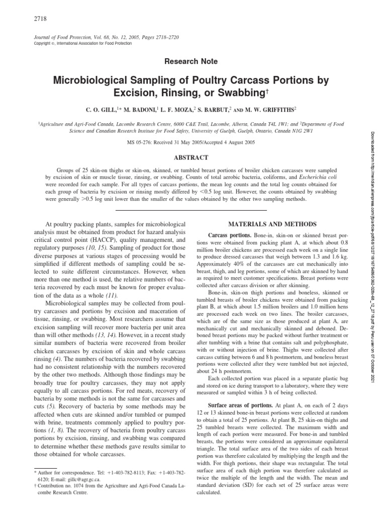 Microbiological Sampling of Poultry Carcass Portions by Excision, Rinsing or Swabbing | PDF ...
