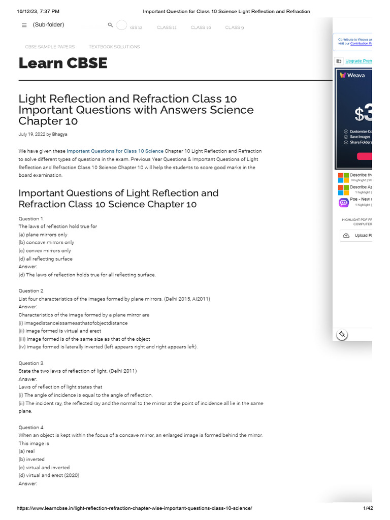 Class 10 Light Reflection & Refraction Qs | PDF | Mirror | Reflection ...