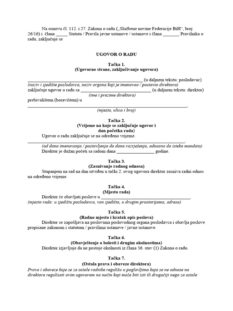 Ugovor o Radu Sa Direktorom Kod Poslodavca Koji Je Obavezan Da Donese ...