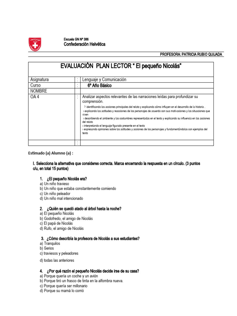 Comprensión Lectora, El Pequeño Nicolás | PDF