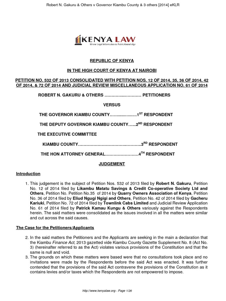 Robert N. Gakuru Others V Governor Kiambu County 3 Others (2014) eKLR | PDF | Taxes | Reasonable ...