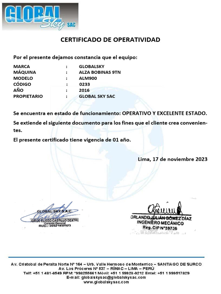 Alza Bobinas 9TN EDP Proyectos 2023 - Certificado | PDF