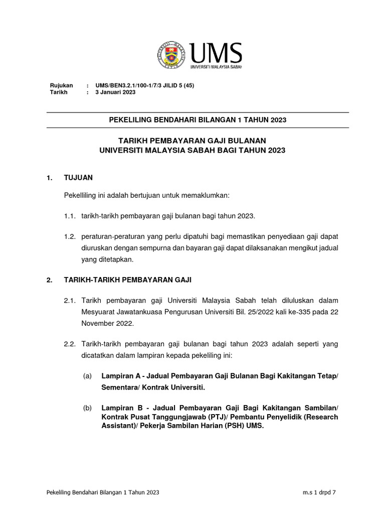 Pekeliling Bendahari Bil 1 Tahun 2023 - Tarikh Pembayaran Gaji Bulanan Ums Bagi Tahun 2023 | PDF