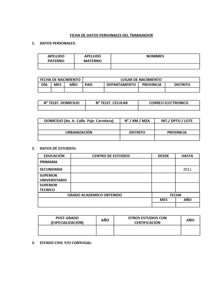 Ficha de Datos Personales Del Trabajador | PDF