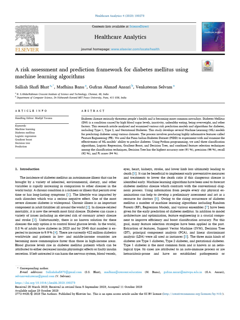 11 A Risk Assessment And Prediction Framework For Diabetes Mellitus Using Machine Learning