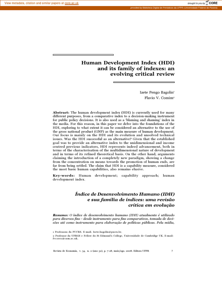 Human Development Index (HDI) and Its Family of Indexes: An Evolving ...