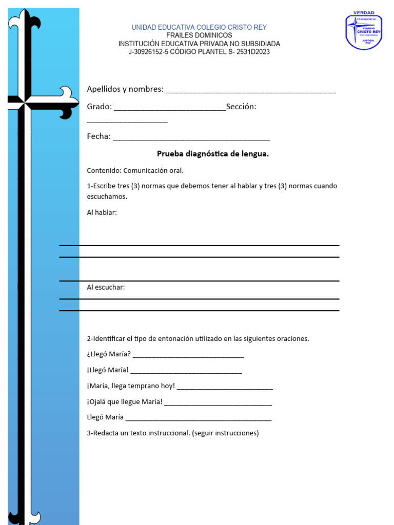 Prueba Diagnóstica de Lengua 4to A Grado | PDF