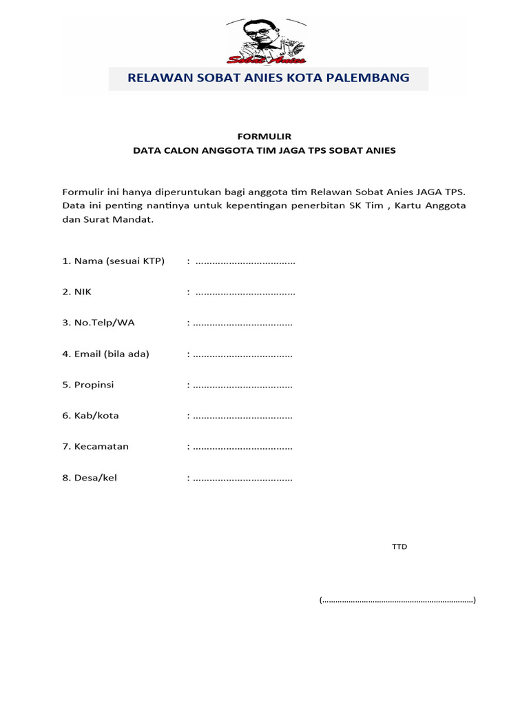 Formulir Data Relawan Sobat Anies TPS | PDF