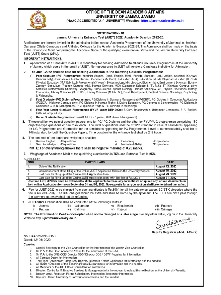 JUET-2022 Notification-01 | PDF | Postgraduate Education