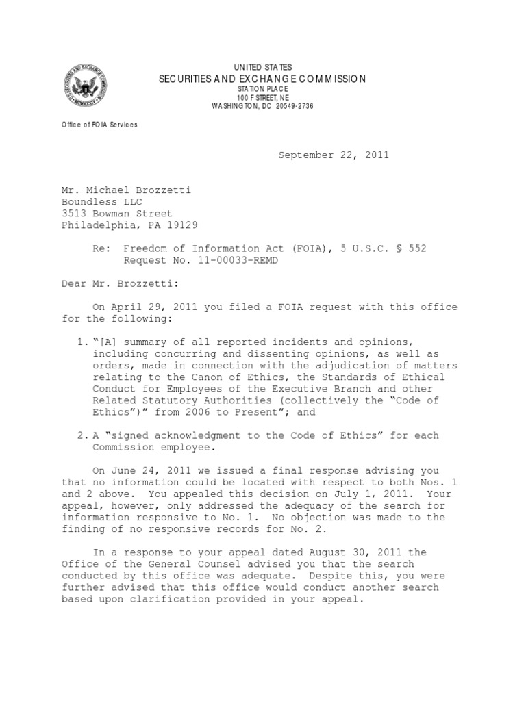 SEC FOIA 2011-6336 - FOIA Office Response - 9.22.11 | PDF | Law