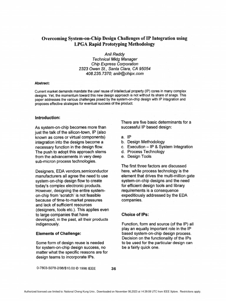 Overcoming System-On-Chip Design Challenges of IP Integration Using LPGA Rapid Prototyping ...