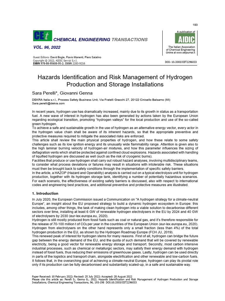 Hazards Identification and Risk Management of Hydrogen Production and ...