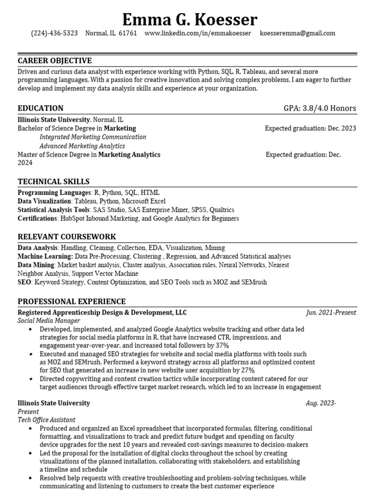 Emma Koesser Resume Isu Generic | Download Free PDF | Analytics | Data ...