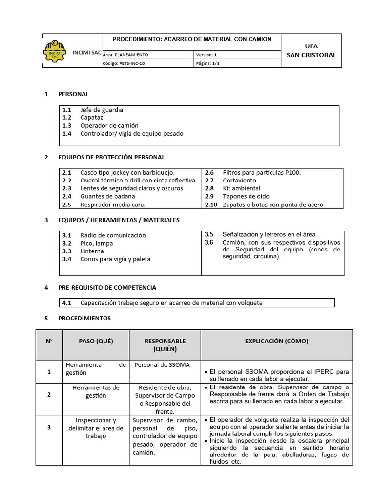Procedimiento Acarreo Material Camión | PDF | Camión | Vehículos de ruedas