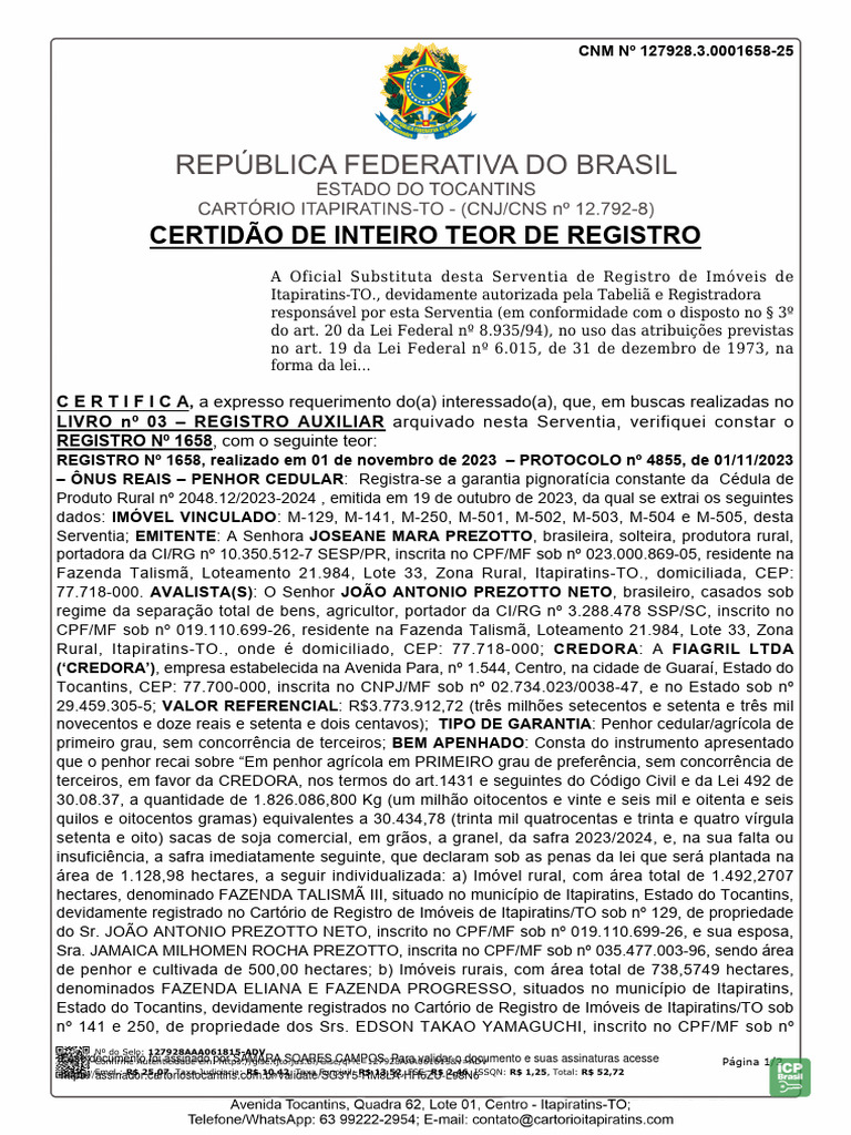 Certidão de Inteiro Teor de Registro - R-1658-Assinado | PDF