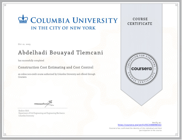 Coursera Construction Cost Estimating and Cost Control | PDF
