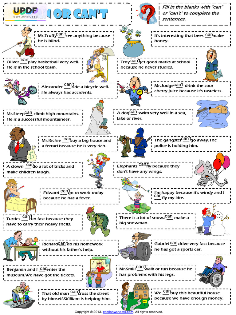 Expressing Ability or Inability Modal Verbs Can or Cant Worksheet 1 | PDF