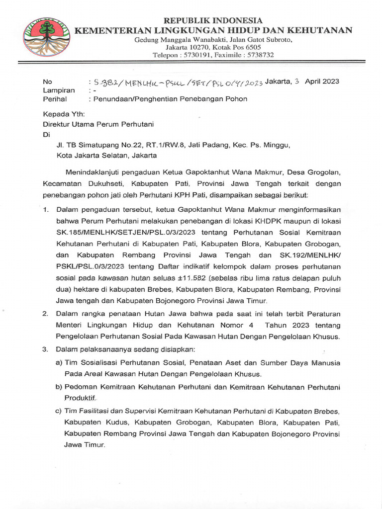 S.382 - MENLHK - 2023 Penghentian Penebangan Pohon | PDF