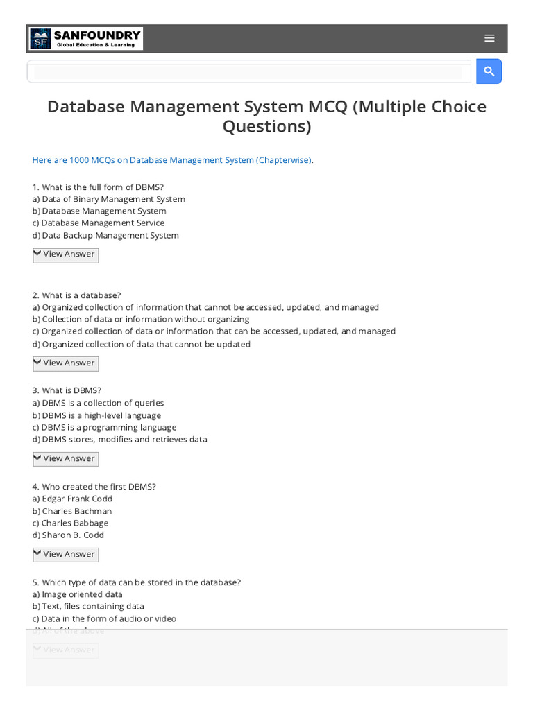 DBMS MCQ (Multiple Choice Questions) - Sanfoundry | PDF | Relational Database | Databases