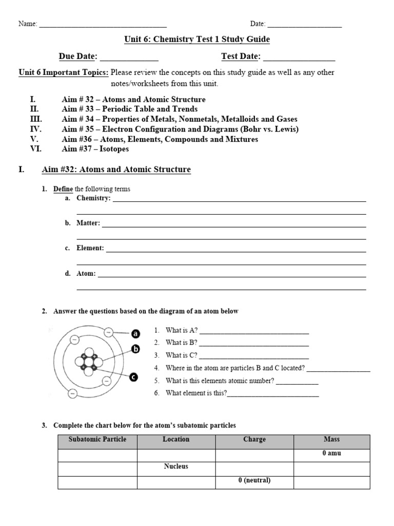 Sci 7 Unit 6 Guide | PDF | Atoms | Chemical Elements