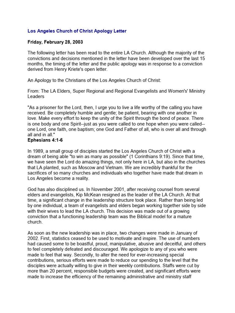 2003 LA Church Apology | PDF | Elder (Christianity) | Churches Of Christ