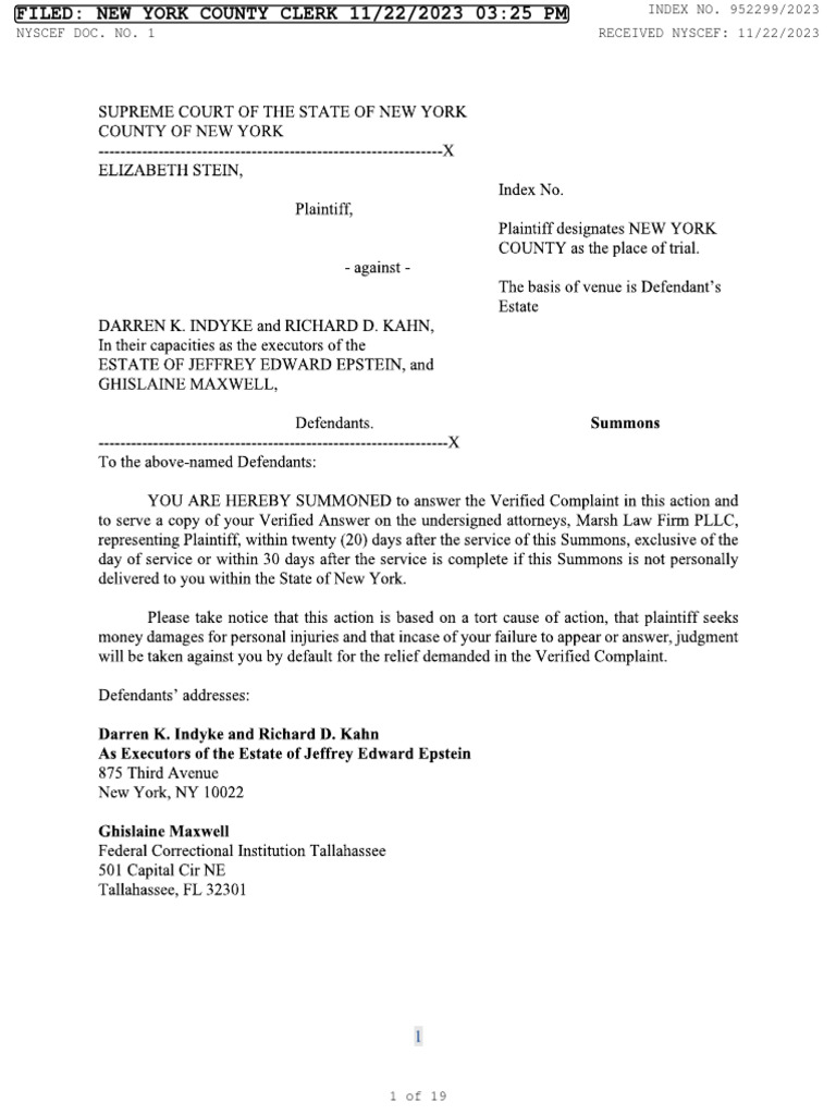 Complaint Demand For Jury Trial in Elizabeth Stein v. Darren Indyke ...