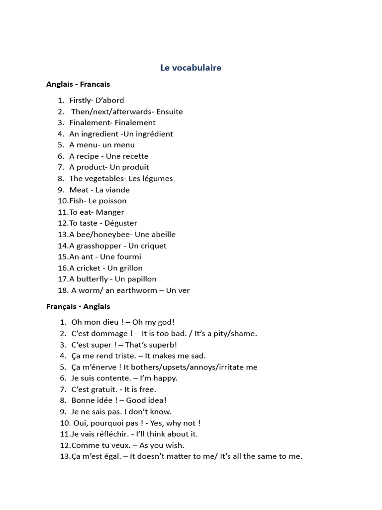 Le Vocabulaire French 4 End Sem'23 | PDF | Livres de cuisine ...