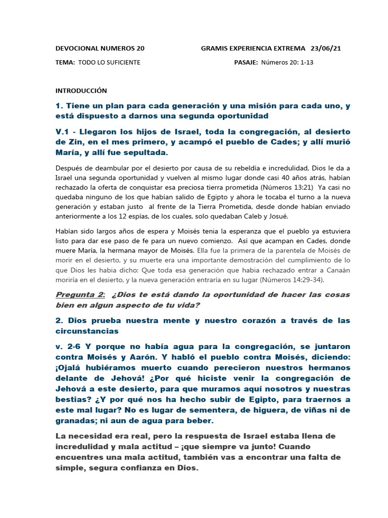 Devocional sobre Números 20:1-13 | PDF | Moisés | Libro de números
