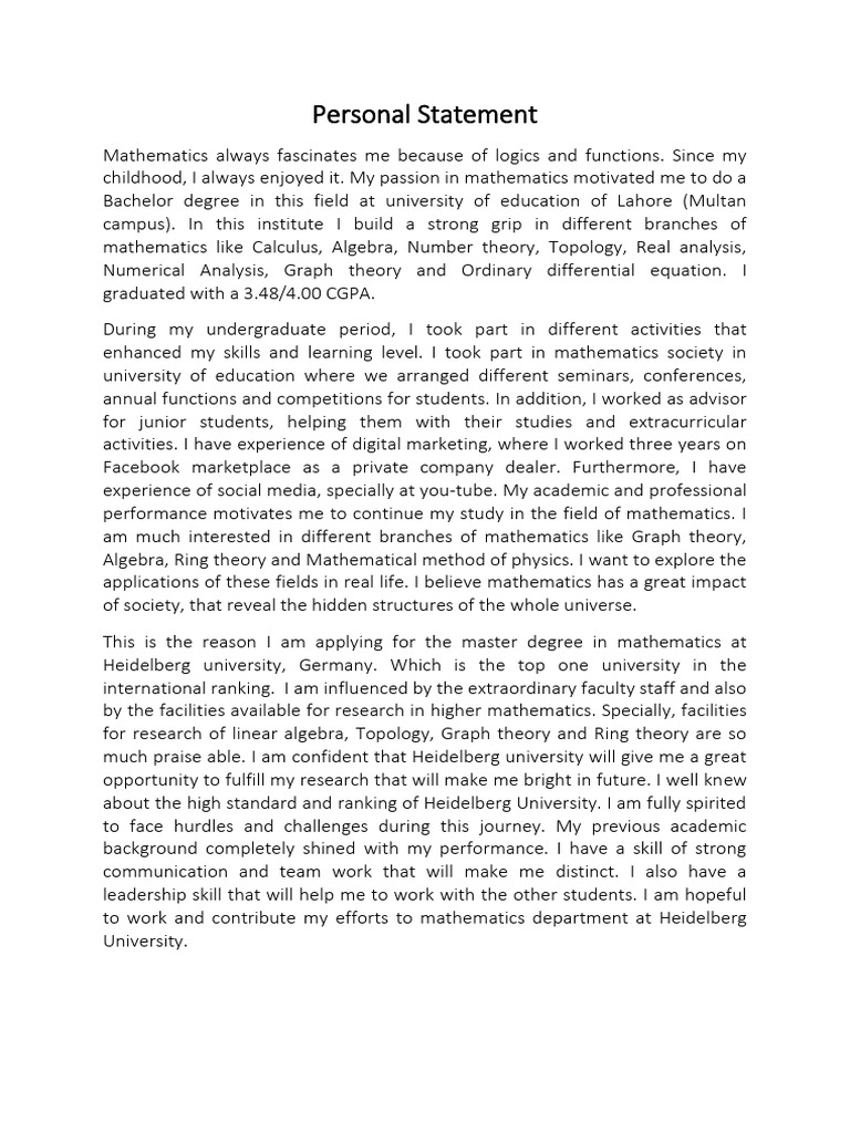Personal Statement Jawad Talib | PDF | Mathematics | Mathematical Analysis