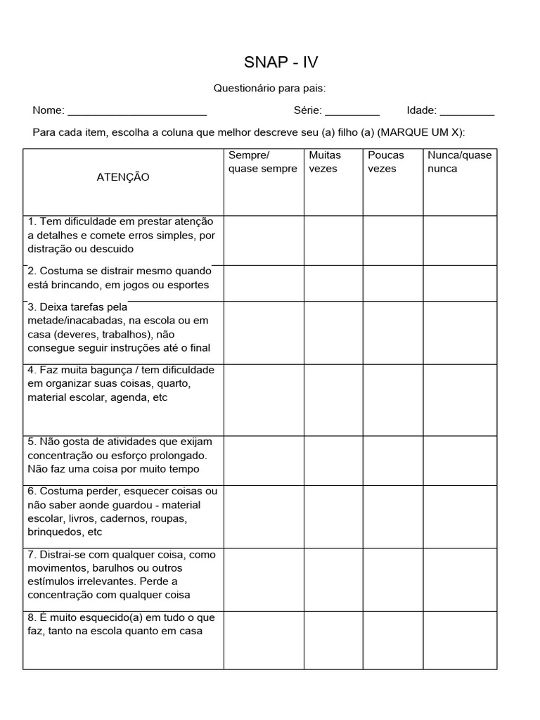 Cópia de SNAP IV Pais TDAH | PDF | Transtorno de déficit de atenção e ...