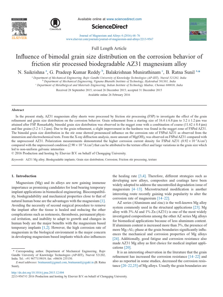 Influence of Bimodal Grain Size Distribution On The Corrosion Behavior of Friction Stir ...