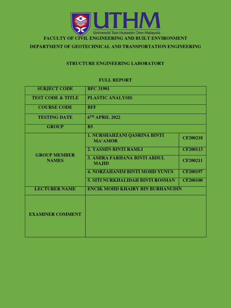 Plastic Analysis Lab Report BFC 31901 | PDF
