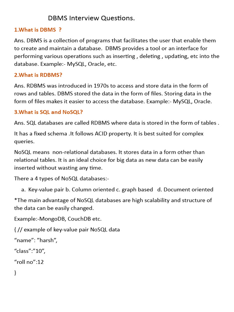 Dbms Interview Questions Pdf Databases No Sql