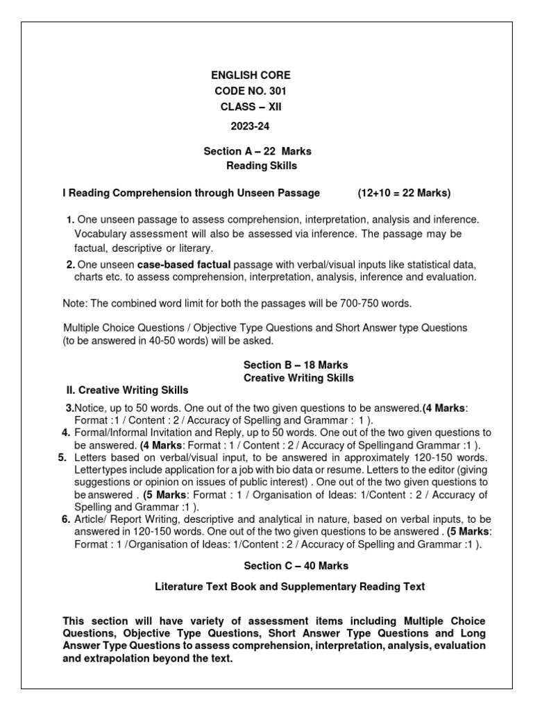 English Core SrSec 2023-24 | PDF | Reading Comprehension | Human ...