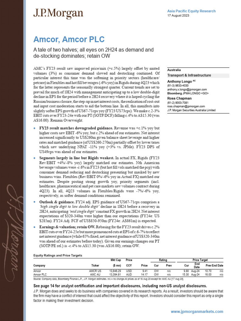AMCR.N JPMorgan Amcor | PDF | Valuation (Finance) | Leverage (Finance)