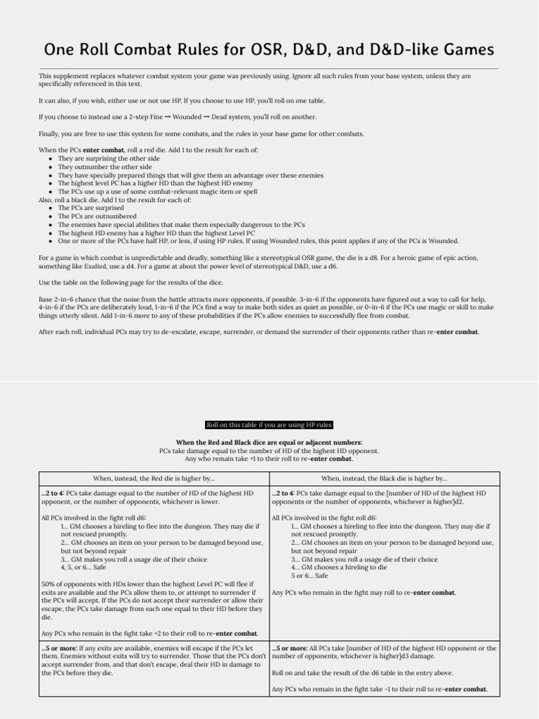 One Roll Combat Rules For OSR, D&D, and D&D-like Games | PDF | Gaming