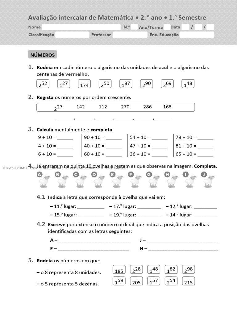 NL MAT Ficha Intercalar 1 Semestre 2 Ano | PDF | Matemática