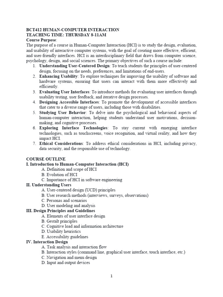 Bct412 Hci Course Outline | PDF | Usability | Human–Computer Interaction