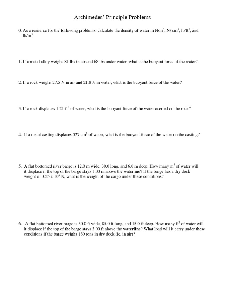 Archimedes Principle Problems - Rev | PDF
