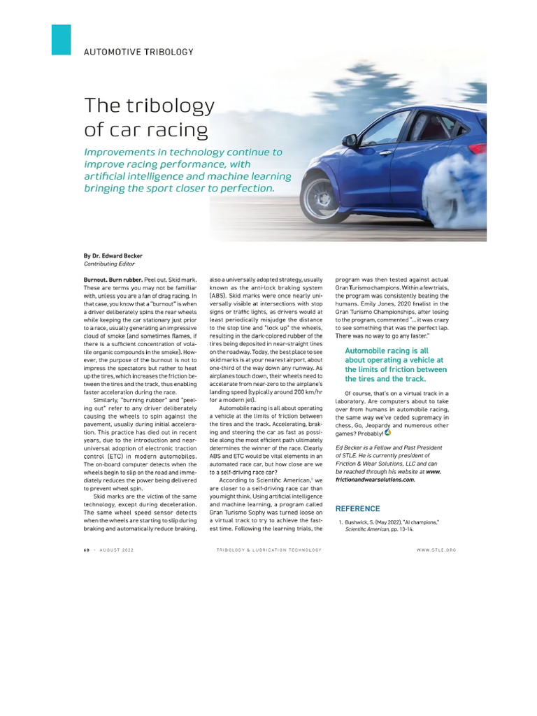 Car Racing Tribology - TLT - August 2022 | PDF