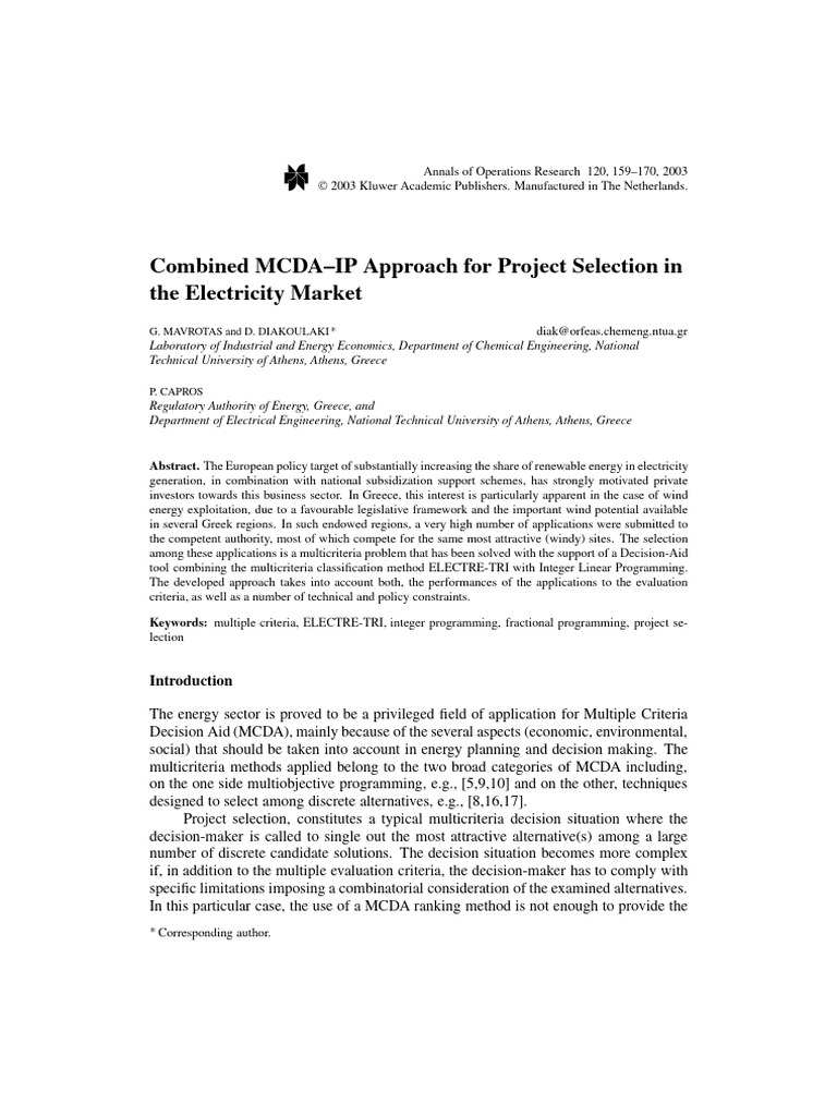Combined MCDA-IP Approach For Project Selection in The Electricity ...
