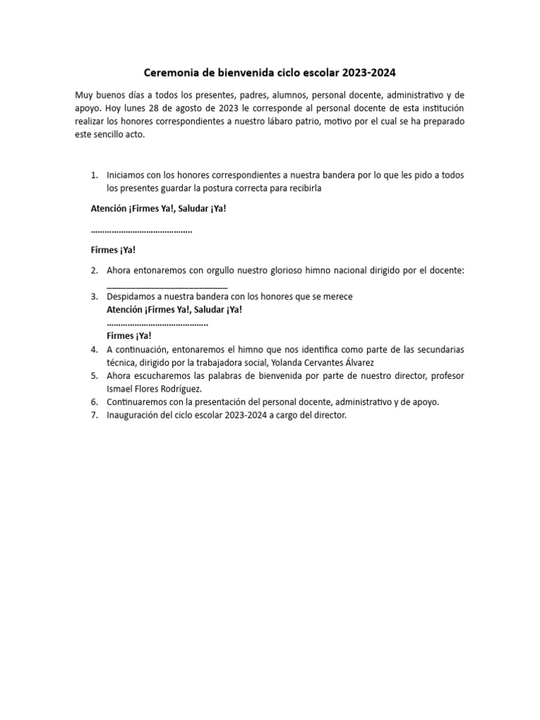 Ceremonia de Bienvenida Ciclo Escolar 2023 | PDF